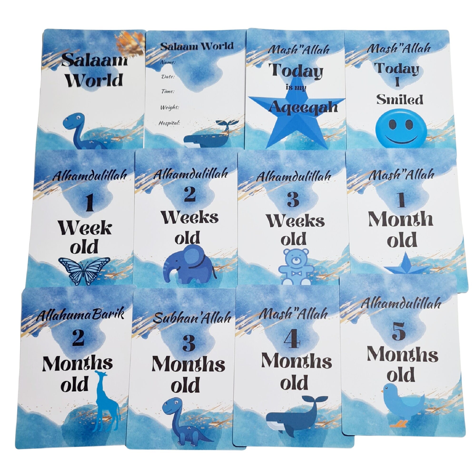 Blue Gold Islamic Baby Milestone Cards , Baby Boy -Unisex Baby Keepsak